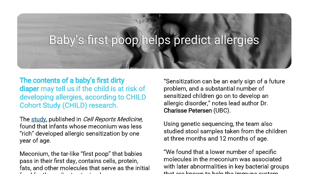Baby’s first poop helps predict allergies - CHILD Cohort Study